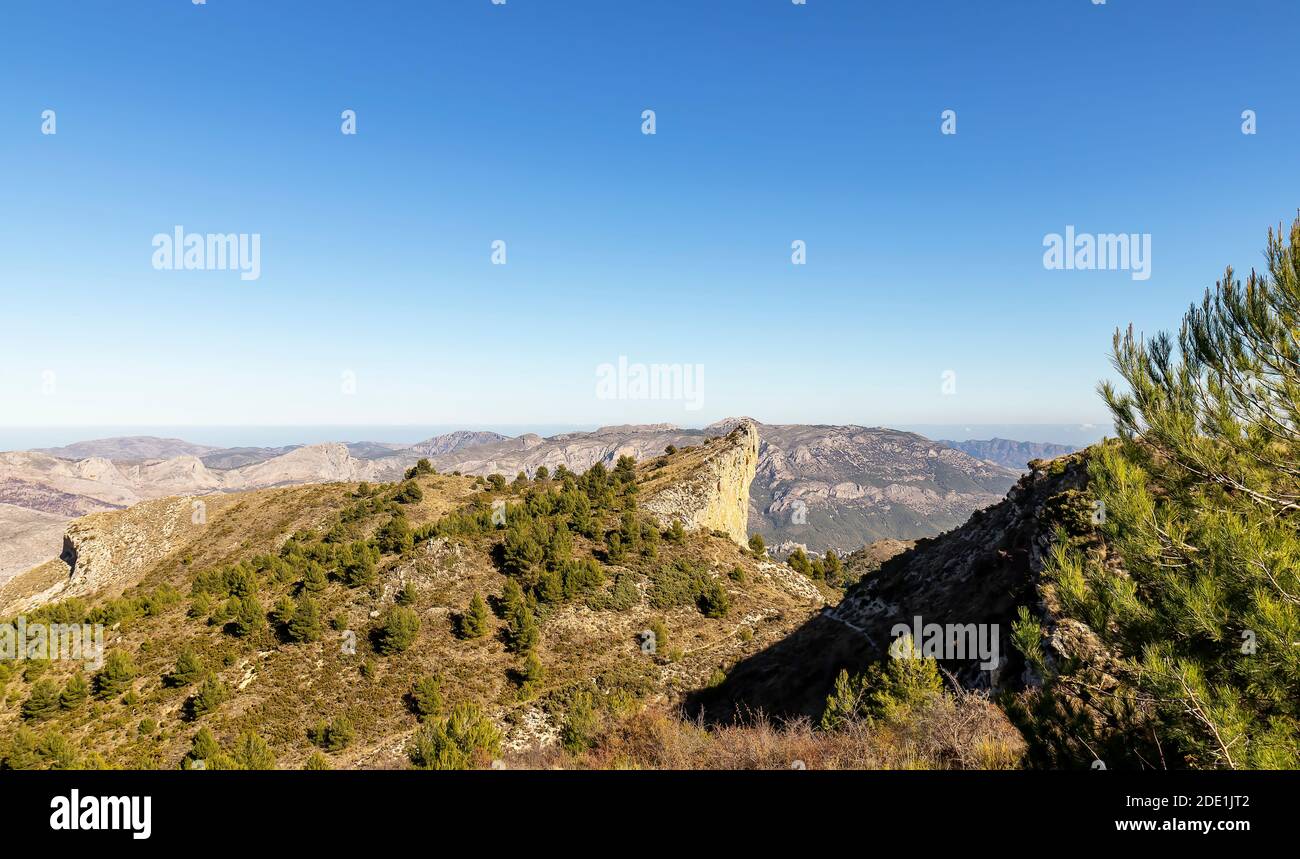 Scenic mountain view of landscape with blue sky. Hiking destination ...