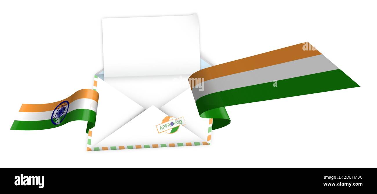 Concept, open envelope with blank sheet of paper wrapped in shiny ...