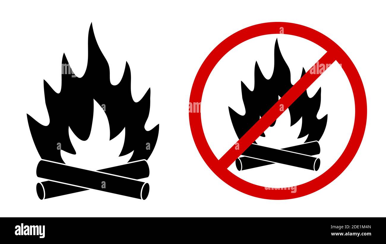 bonfire icon and sign prohibiting bonfire in the forest. Isolated ...