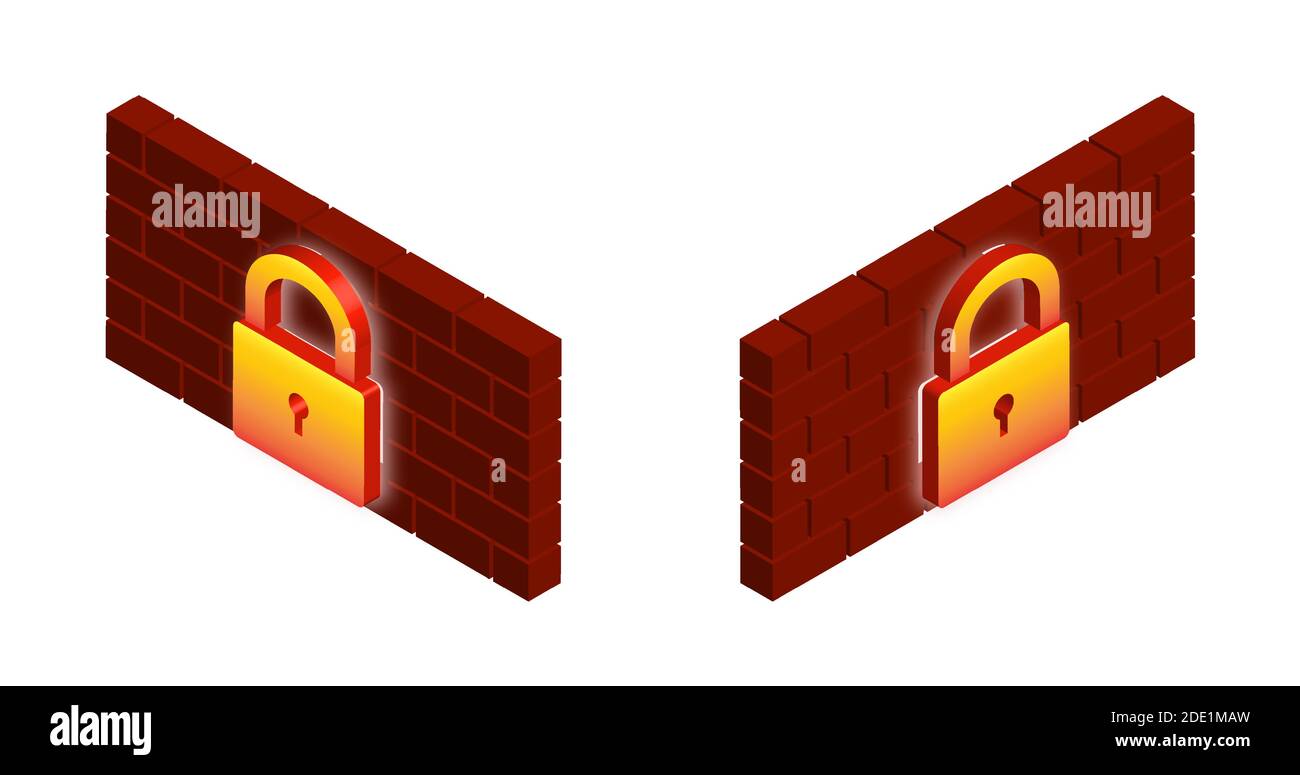 Firewall isometric sign is black and white and in the colors of fire ...