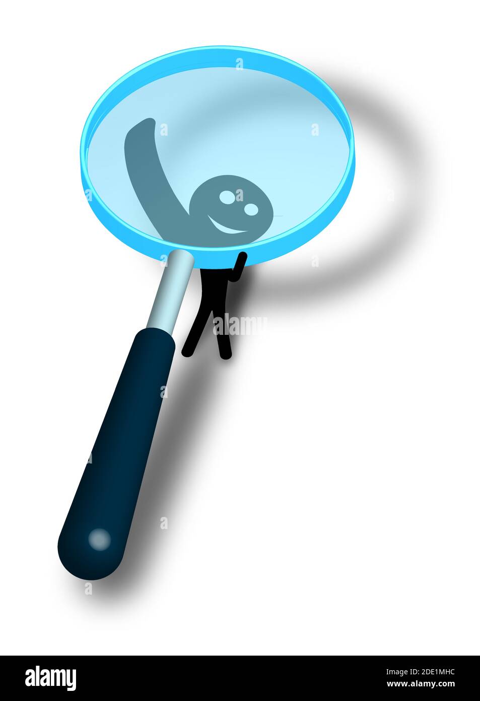 Little happy man stands under a magnifying glass and smiles. Good ...