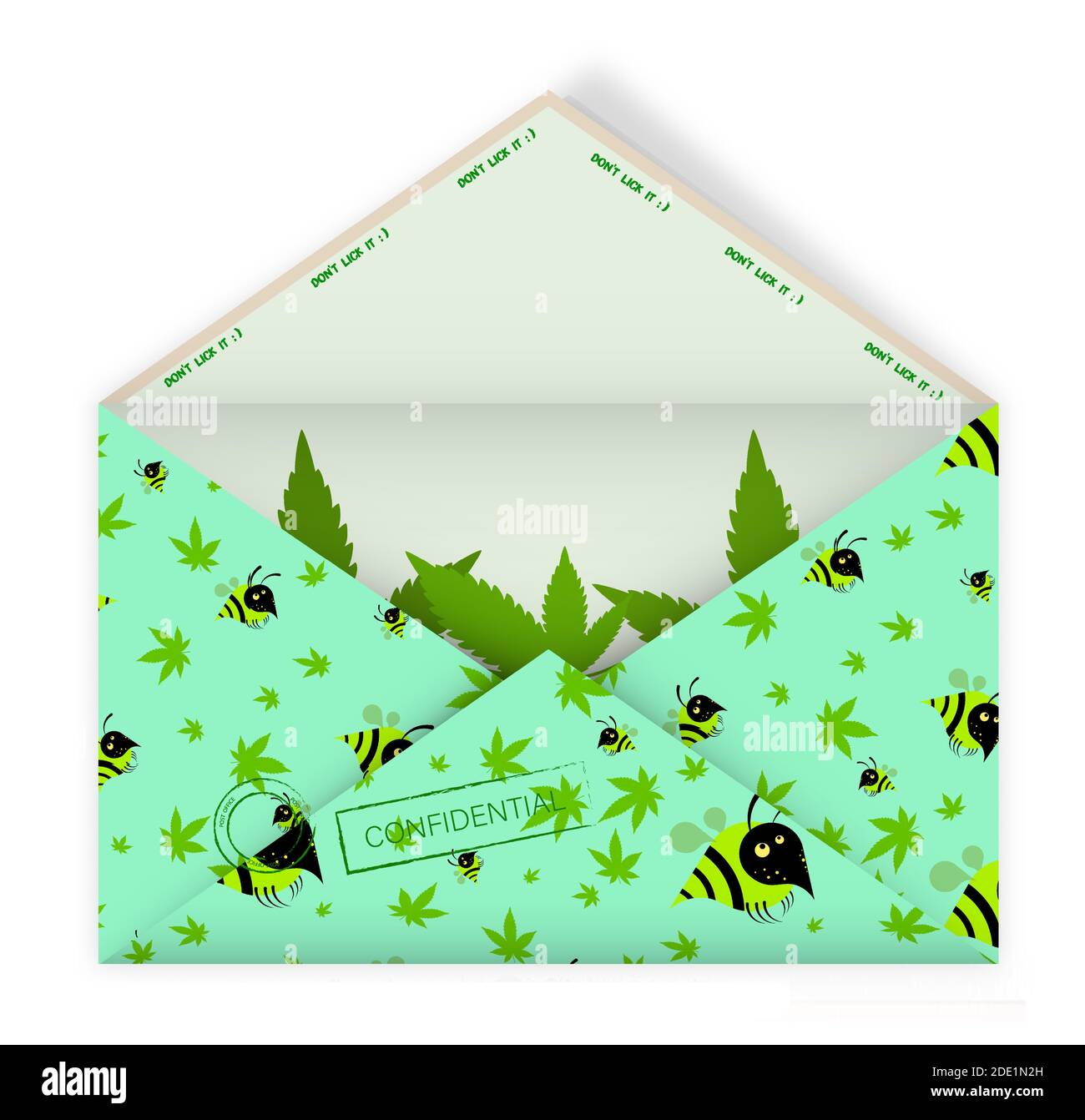 realistic open mail envelope with hemp leaves inside. Pattern of leaves ...