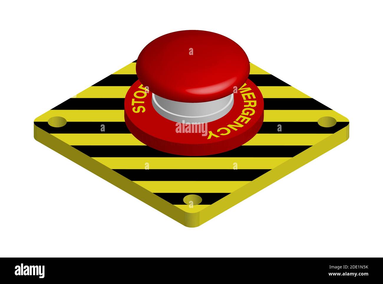 red emergency button with black and yellow stripes. Actions in a ...