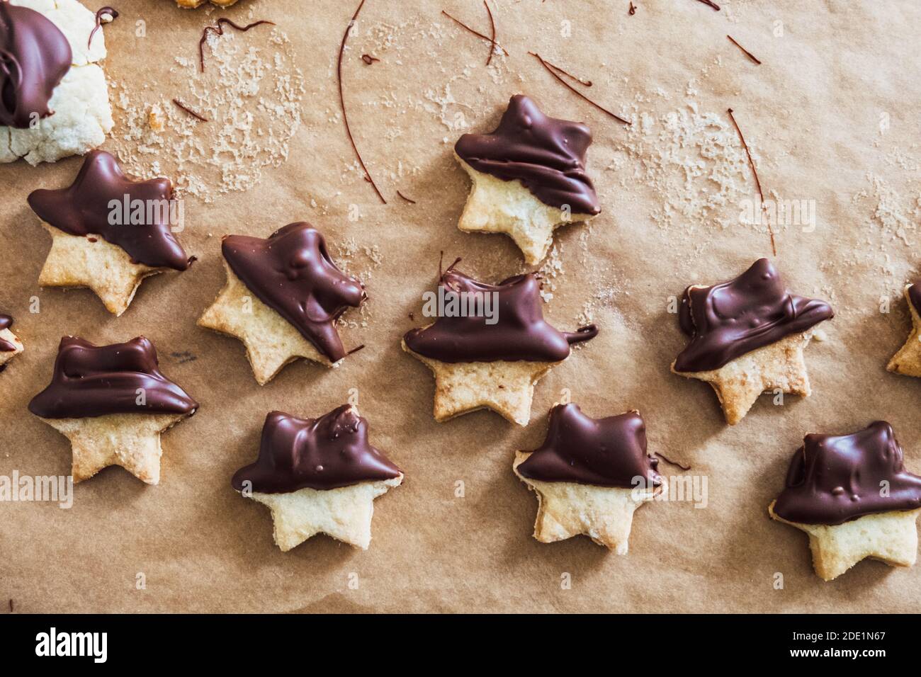 A top view shot of delicious Christmas cookies with chocolate icing ...