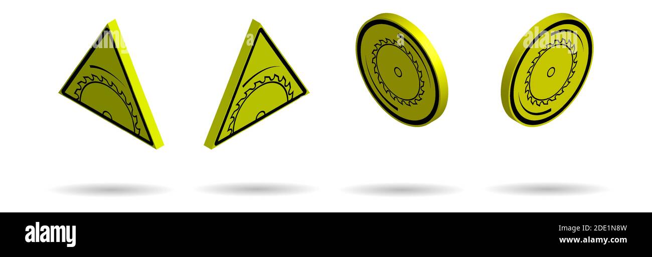 Set of isometric danger signs, circular saw blade on a yellow ...