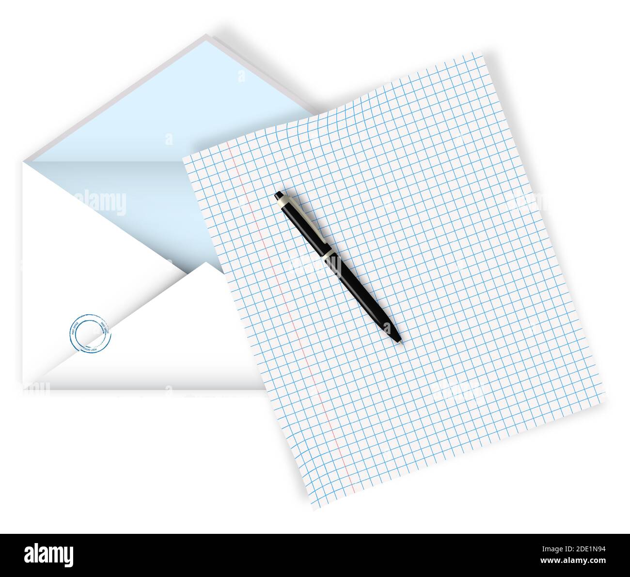 realistic detailed open mail envelope with a squared notebook sheet and ...