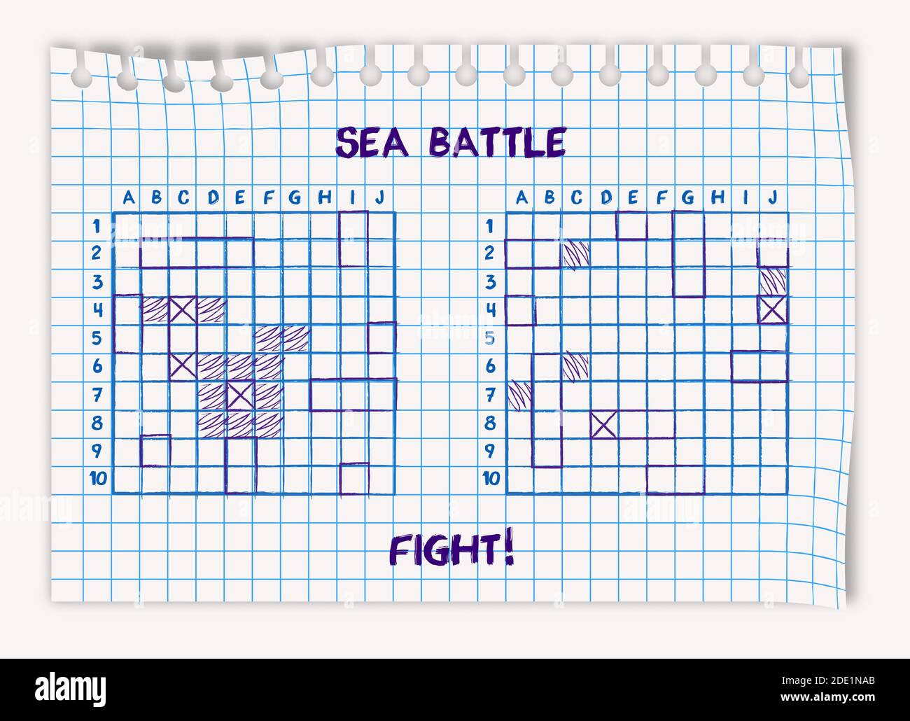 Sea battle game. Ink drawing on a checkered school notebook sheet ...