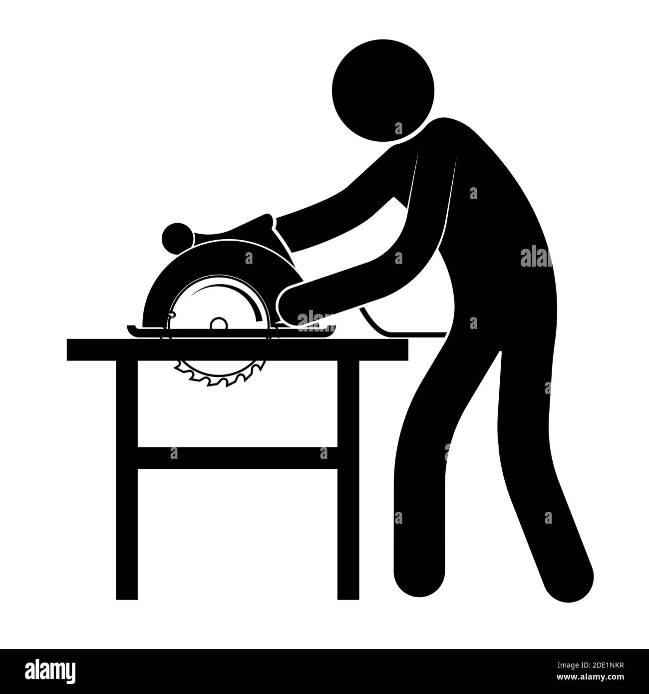 stick figure, man works in a carpentry workshop with a circular saw ...