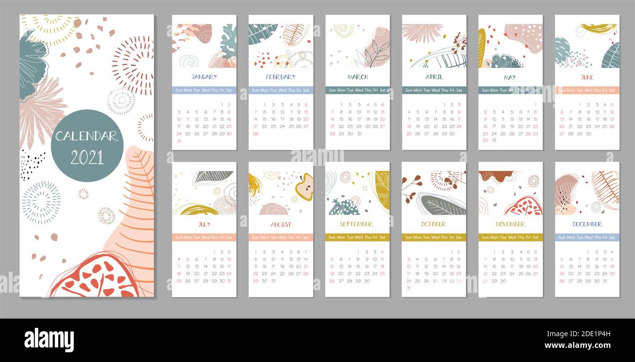 2021 trendy calendar design. Set of 12 months. Week starts on Sunday ...