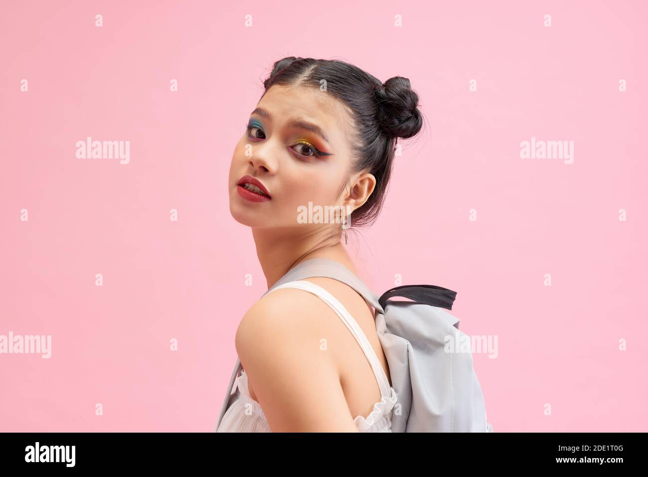 Portrait of sweet cute girlish high school girl ready for university ...
