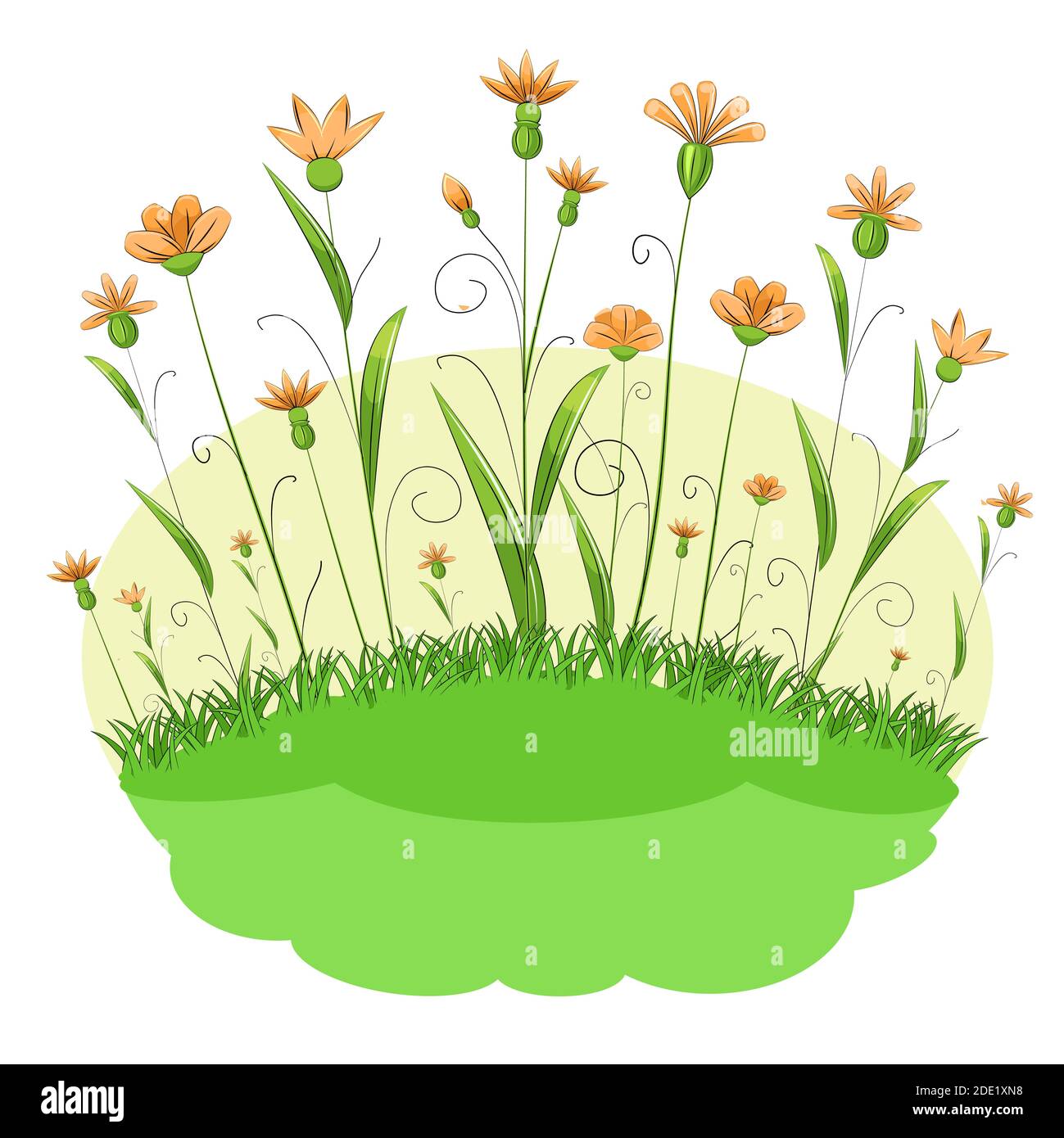 Blooming meadow with grass and flowers. Cartoon just style. Isolated on ...