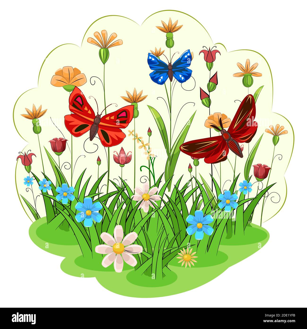 Blooming meadow with grass and flowers. Scenery. Cartoon style ...