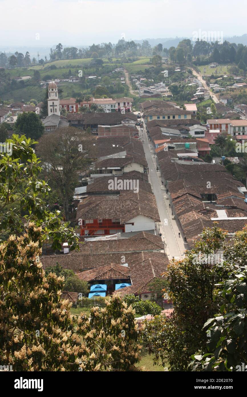 Aerial view of the small Andean peasant village of Salento, in the ...