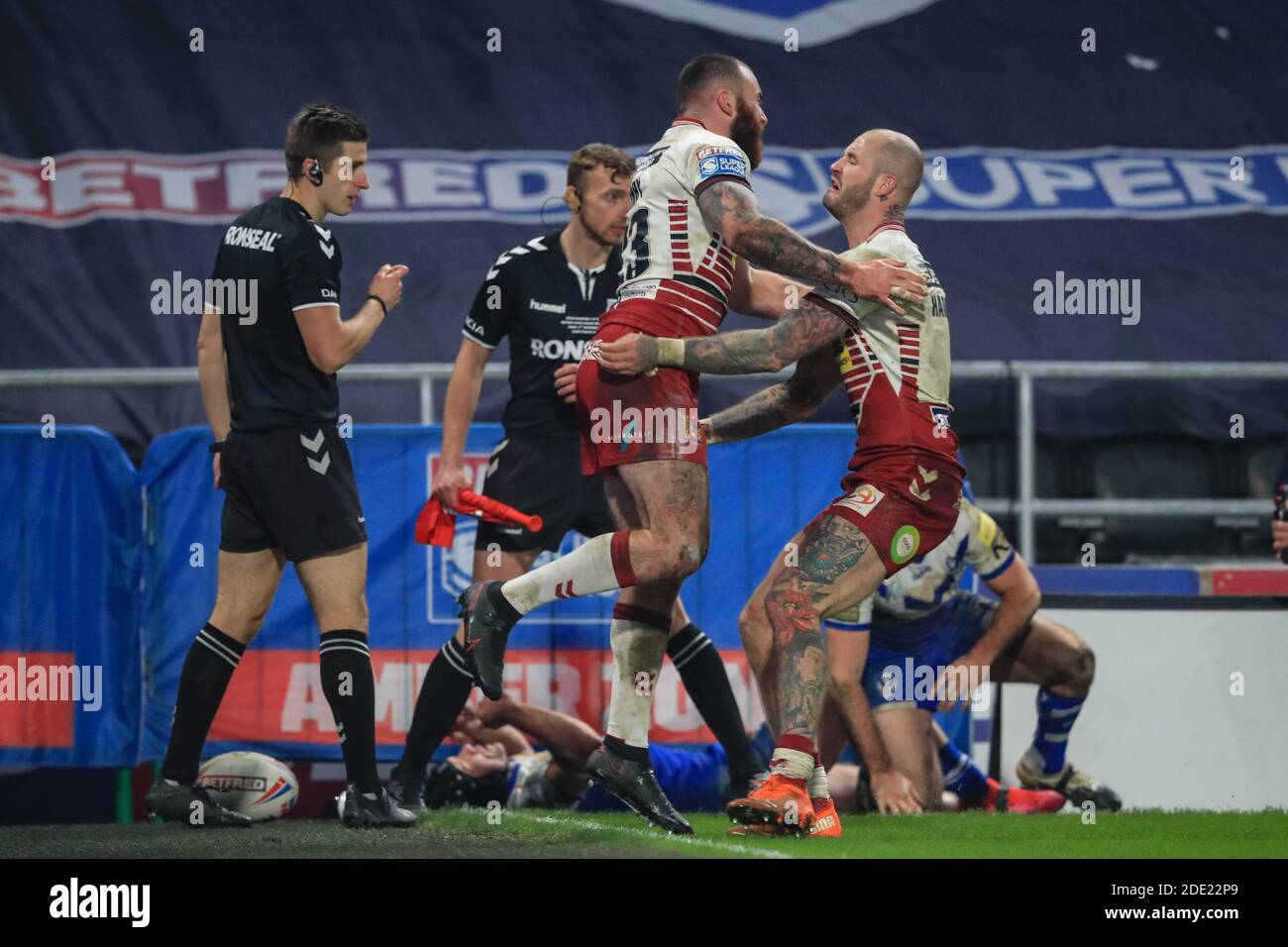 CELEBRATION: Jake Bibby (23) of Wigan Warriors celebrated his try Stock ...