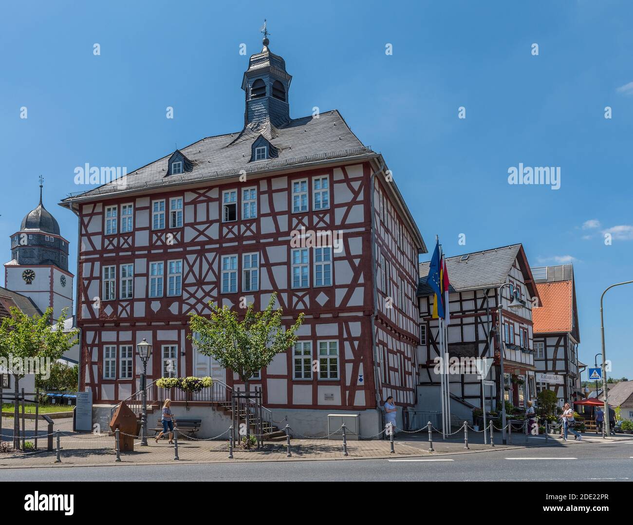 historic half-timbered town hall of the small town of Usingen, Hesse ...