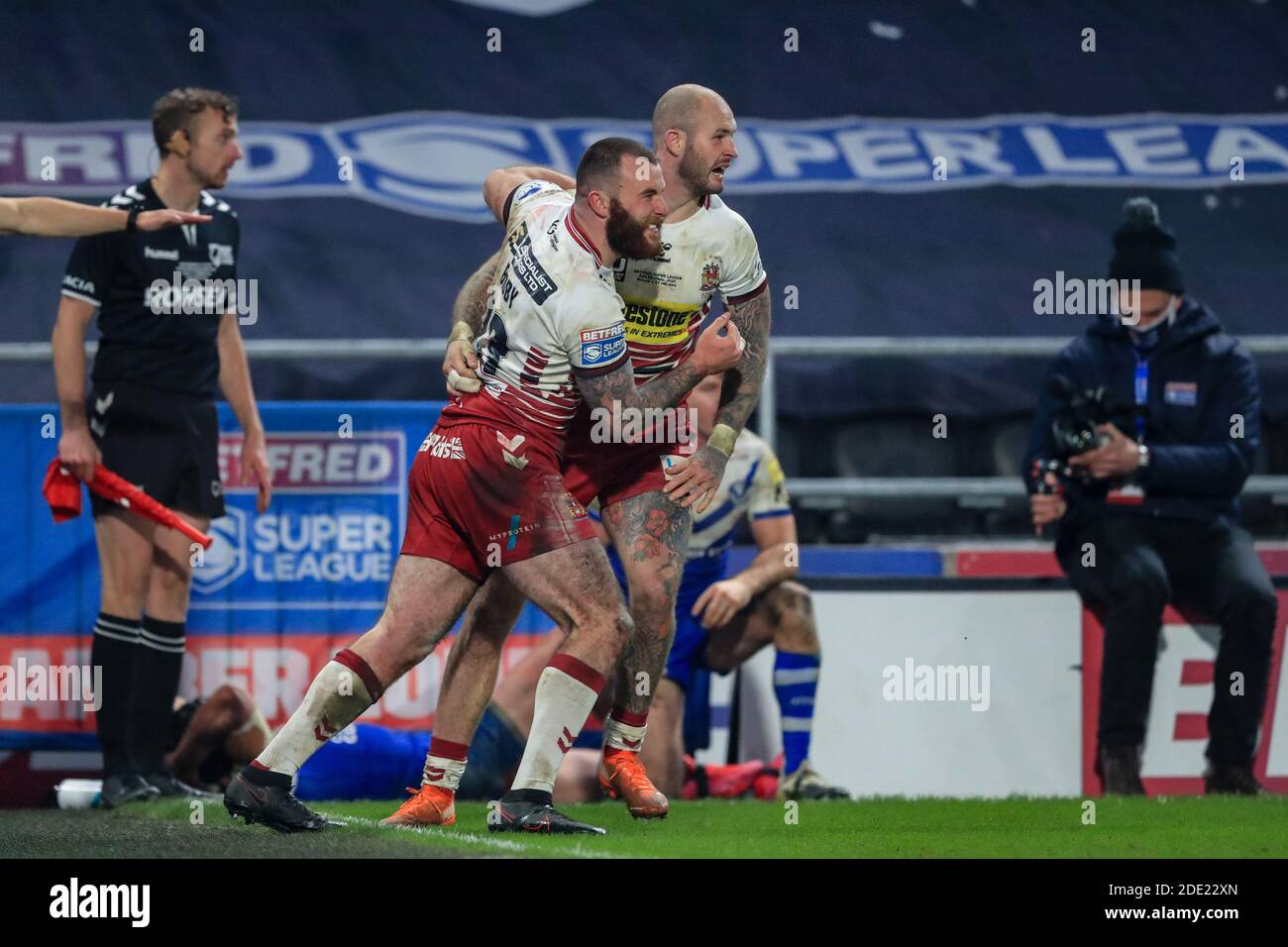 CELEBRATION: Jake Bibby (23) of Wigan Warriors celebrated his try Stock ...