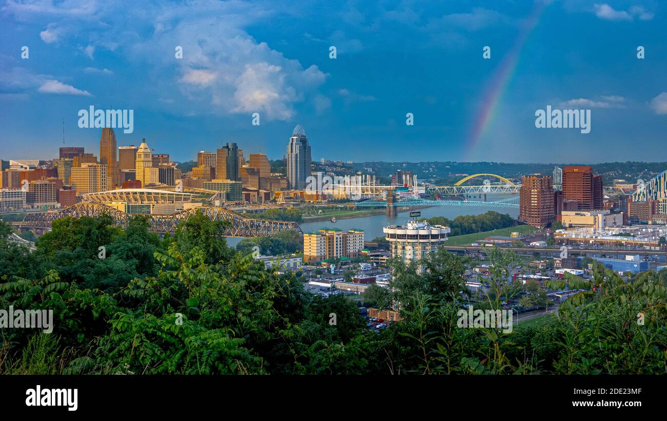 Cincinnati, OH--Aug 26, 2018; post storm sunlight illuminates downtown ...