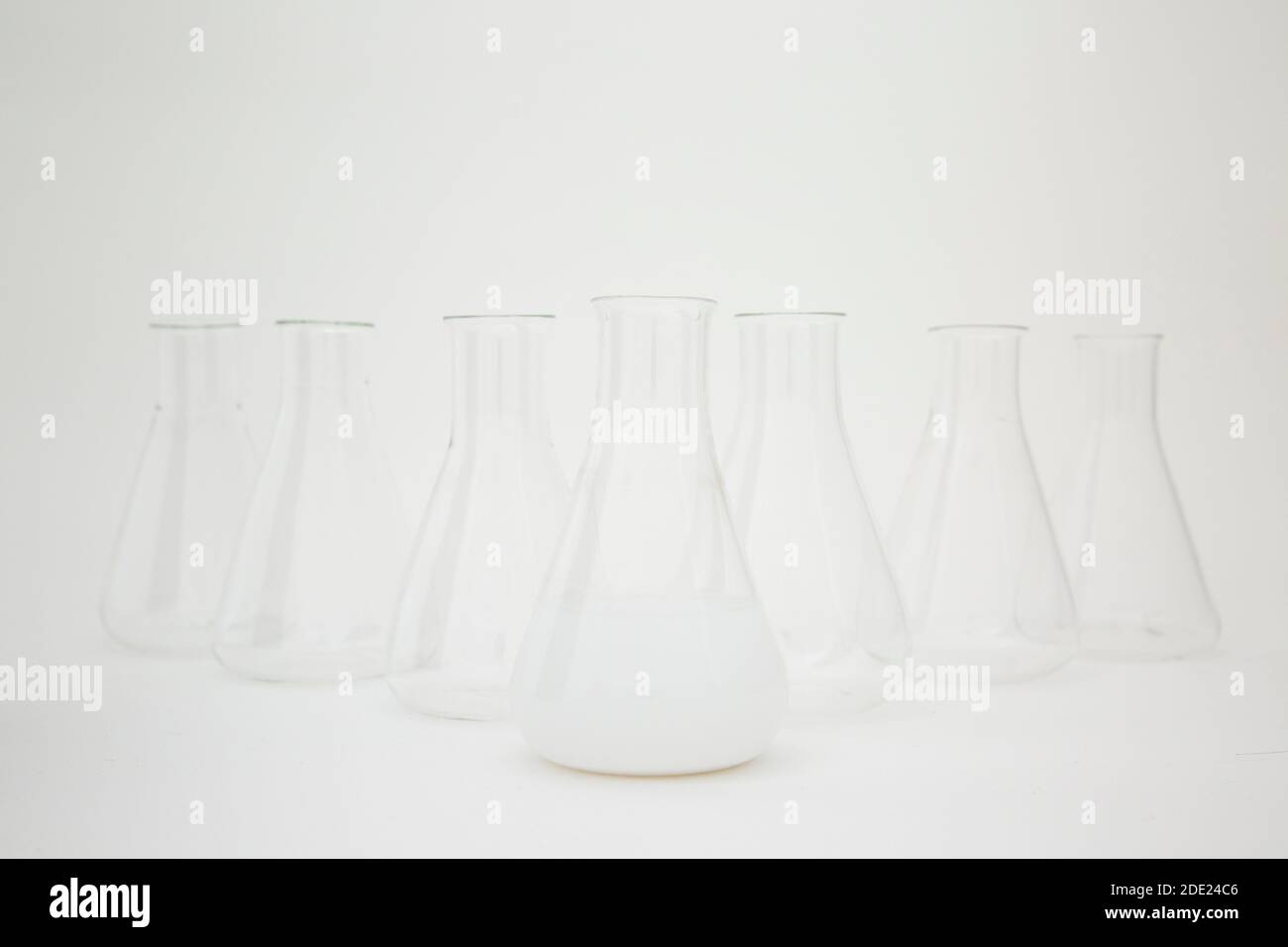 Scientific laboratory glass erlenmeyer flask filled with white liquid ...