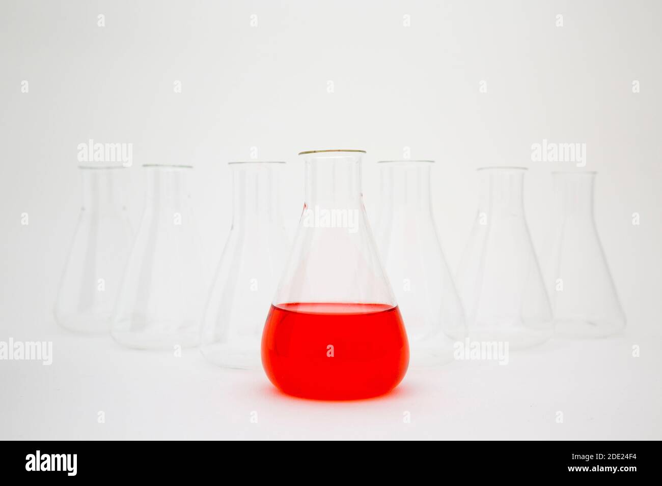Scientific laboratory glass erlenmeyer flask filled with red liquid ...
