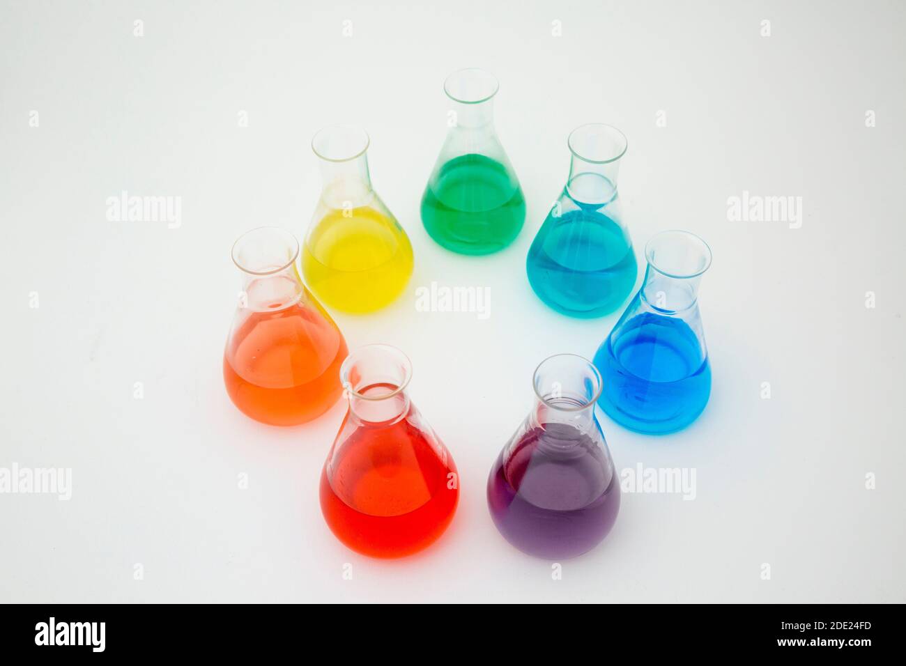 Scientific laboratory glass erlenmeyer flask filled with colorful ...
