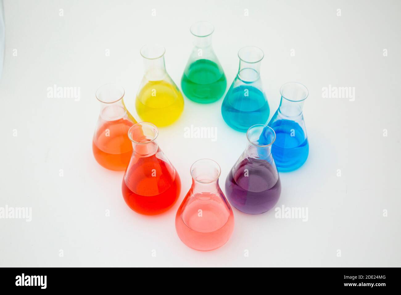 Scientific laboratory glass erlenmeyer flask filled with colorful ...