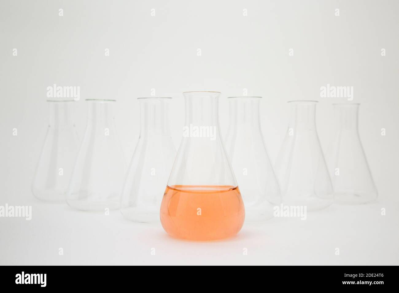 Scientific laboratory glass erlenmeyer flask filled with orange liquid ...