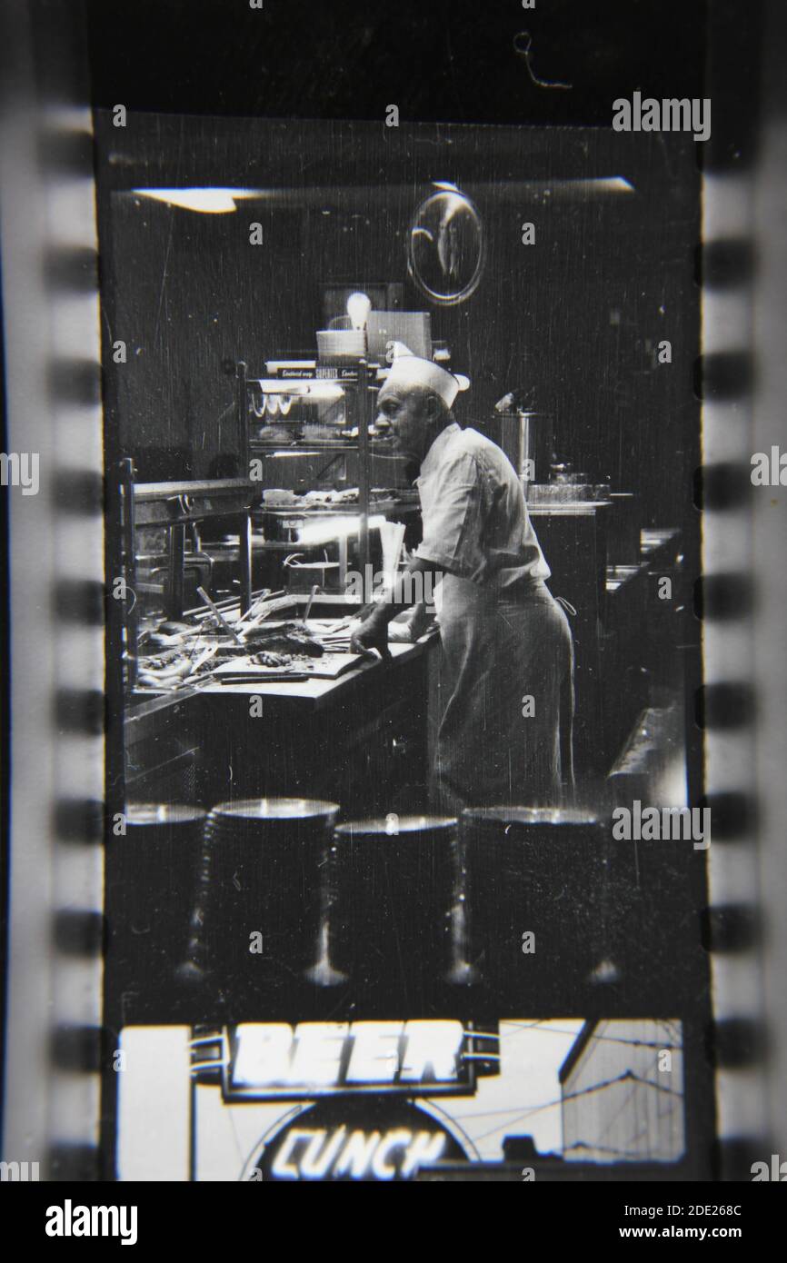Fine 1970s vintage black and white portrait of a short order cook ...