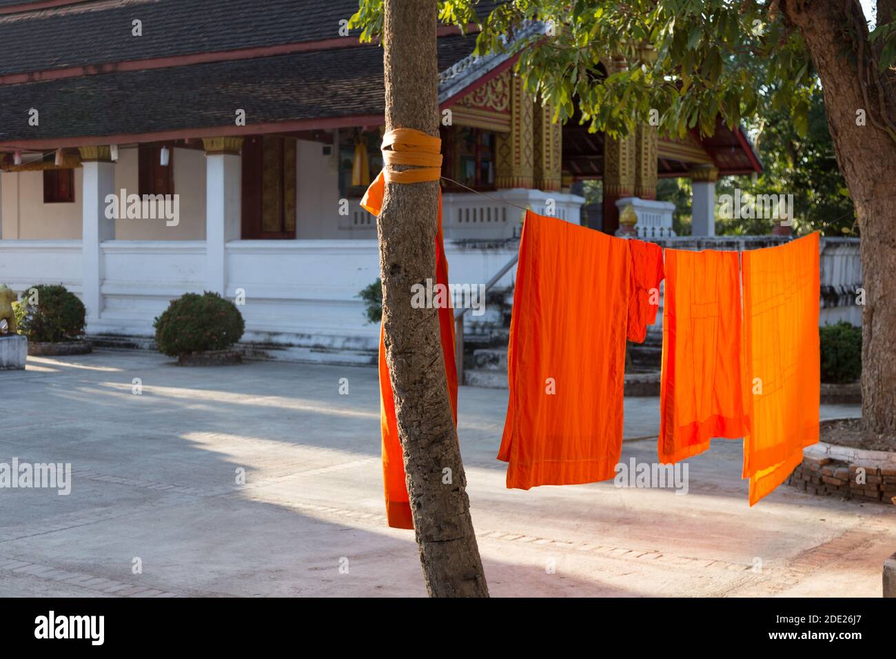 Buddhist monks orange robes drying on washing lines at monastery in ...