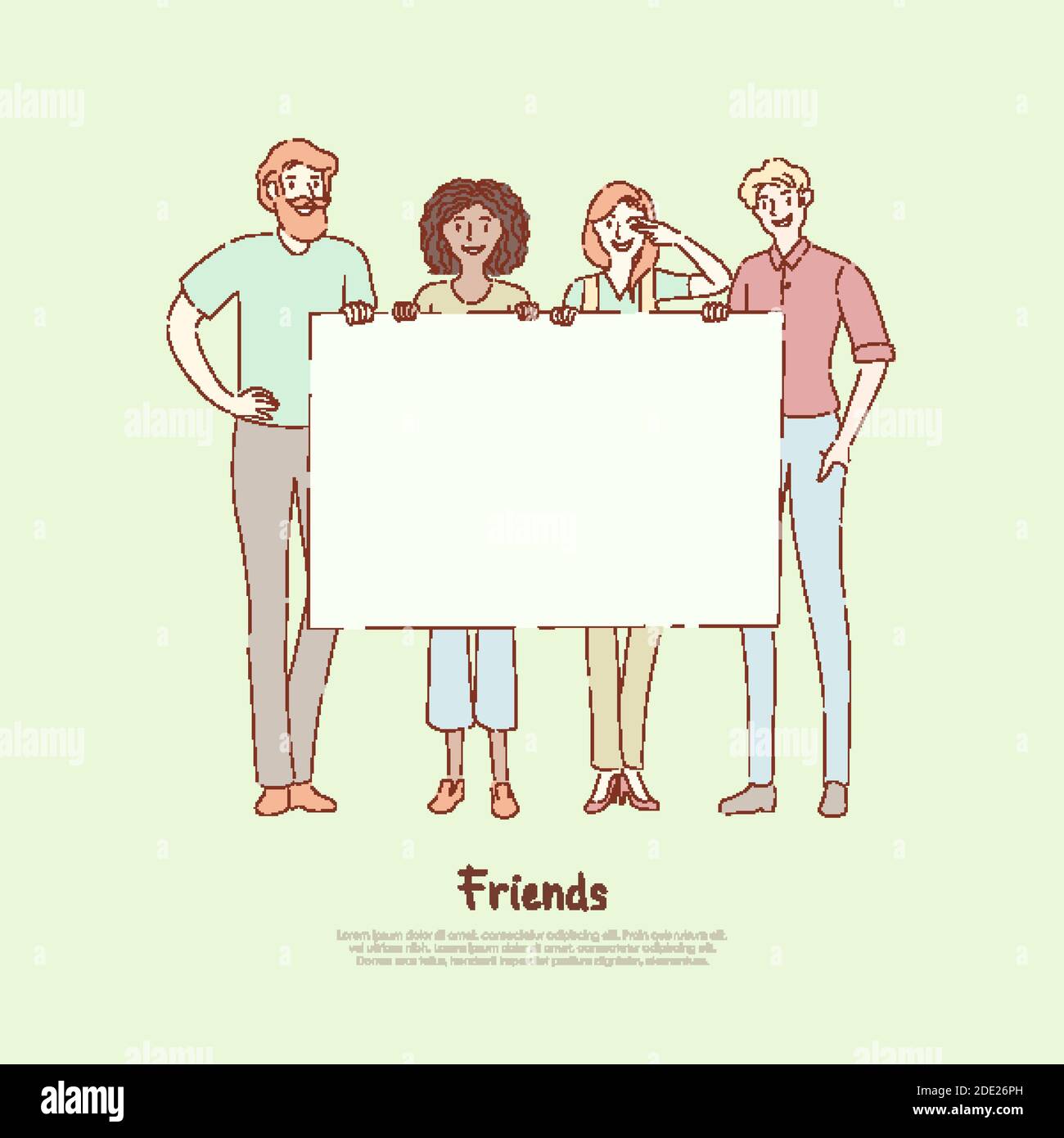 Young men and women standing together, friends holding blank placard ...