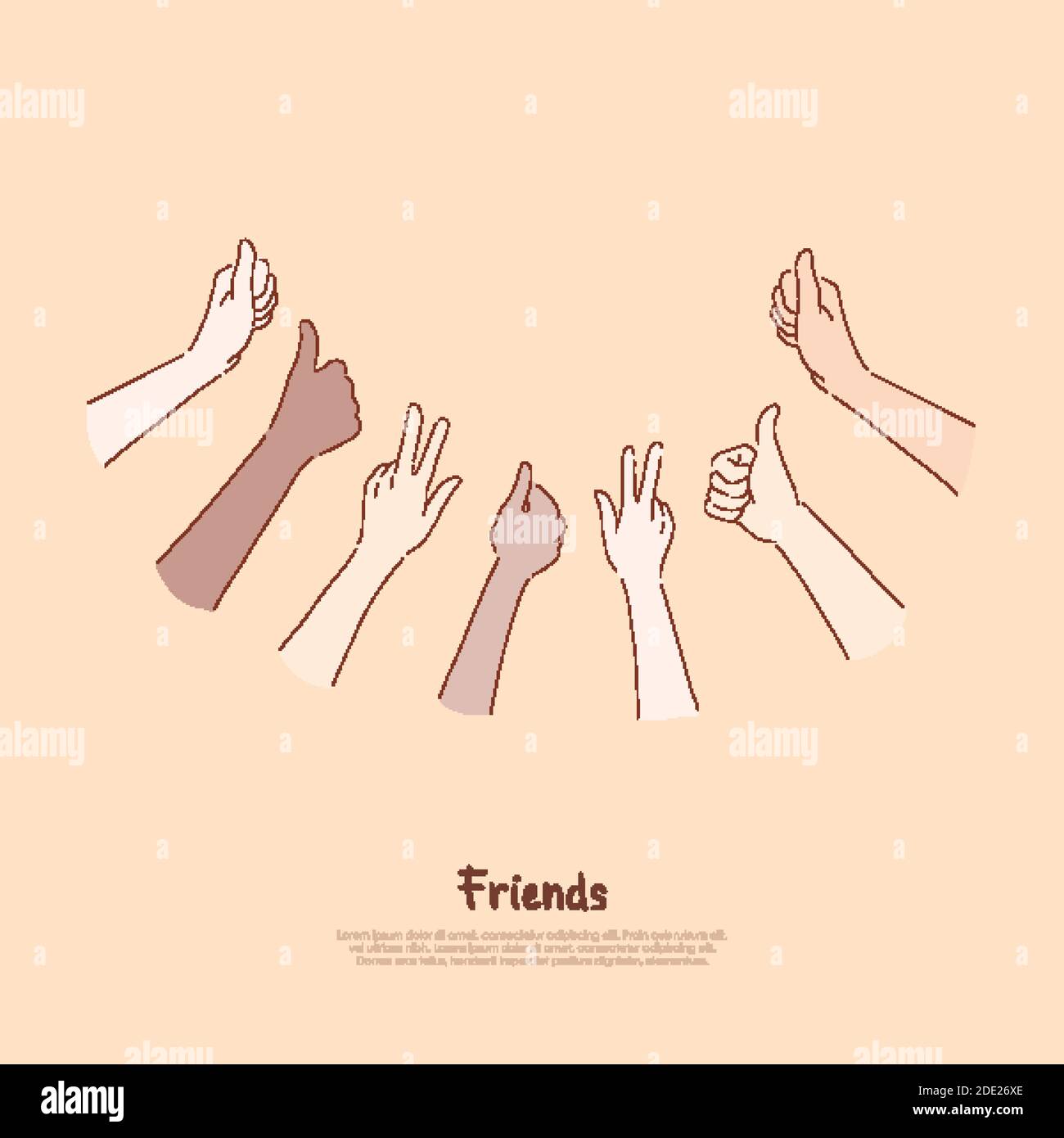 Friends group showing thumbs up and peace signs, feelings, mood ...