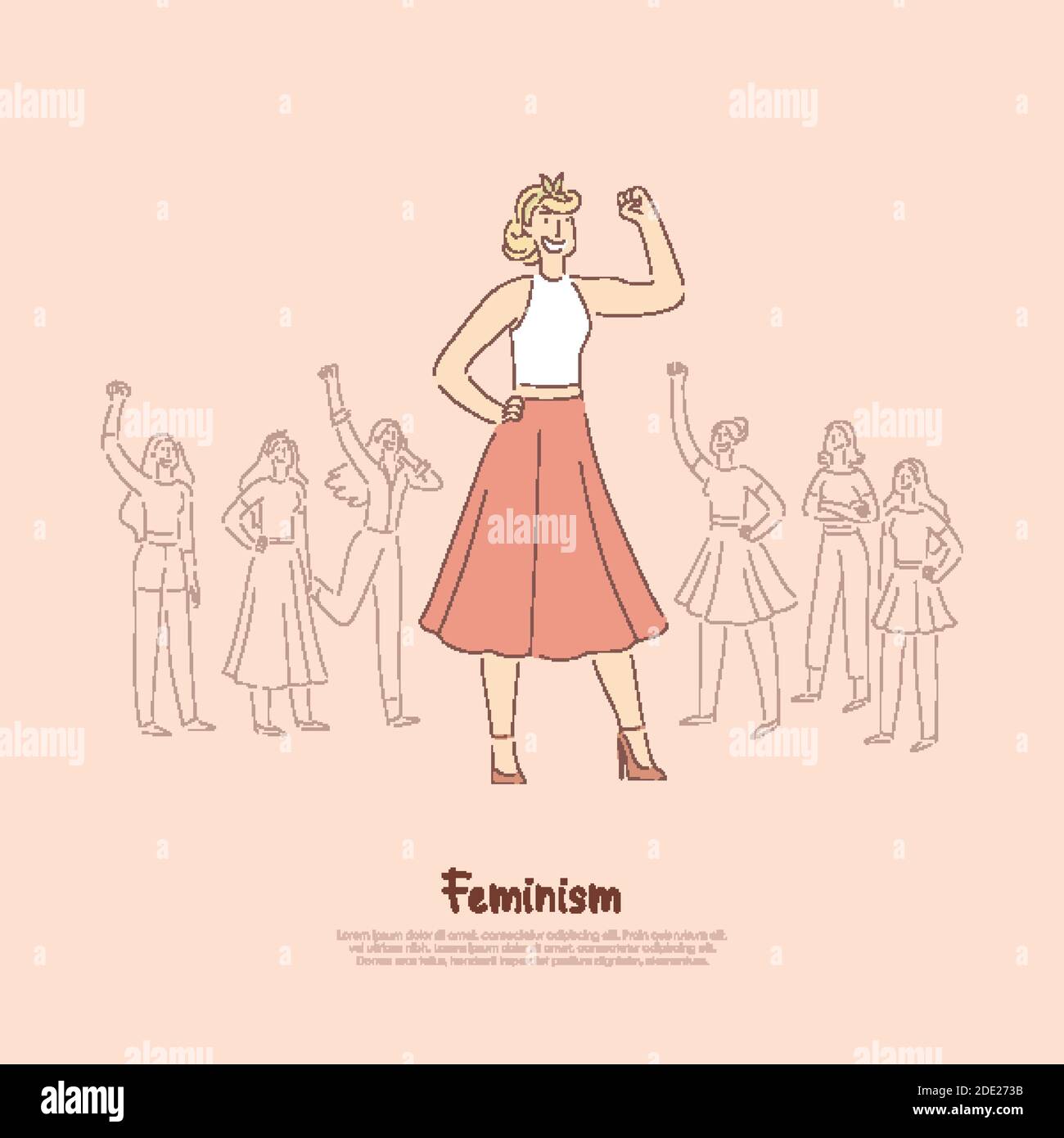 Young independent lady in skirt with raised hand, girl power, gender ...