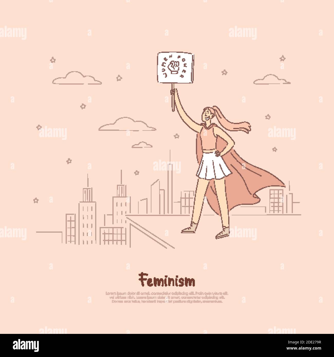 Brave hero, lady superhero in cape holding placard with fist, social ...