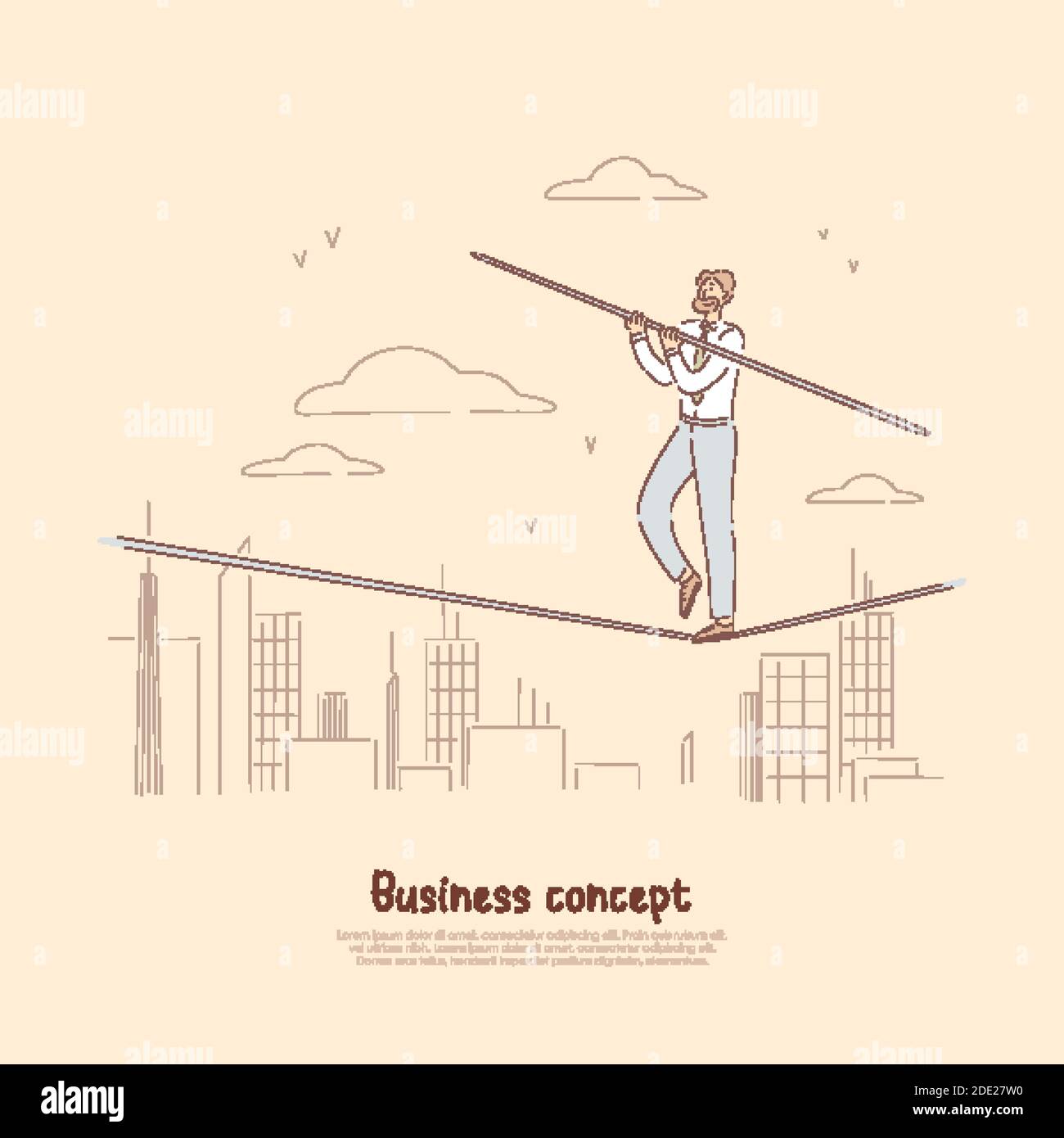 Brave businessman, tightrope walker holding stick, unstable career ...