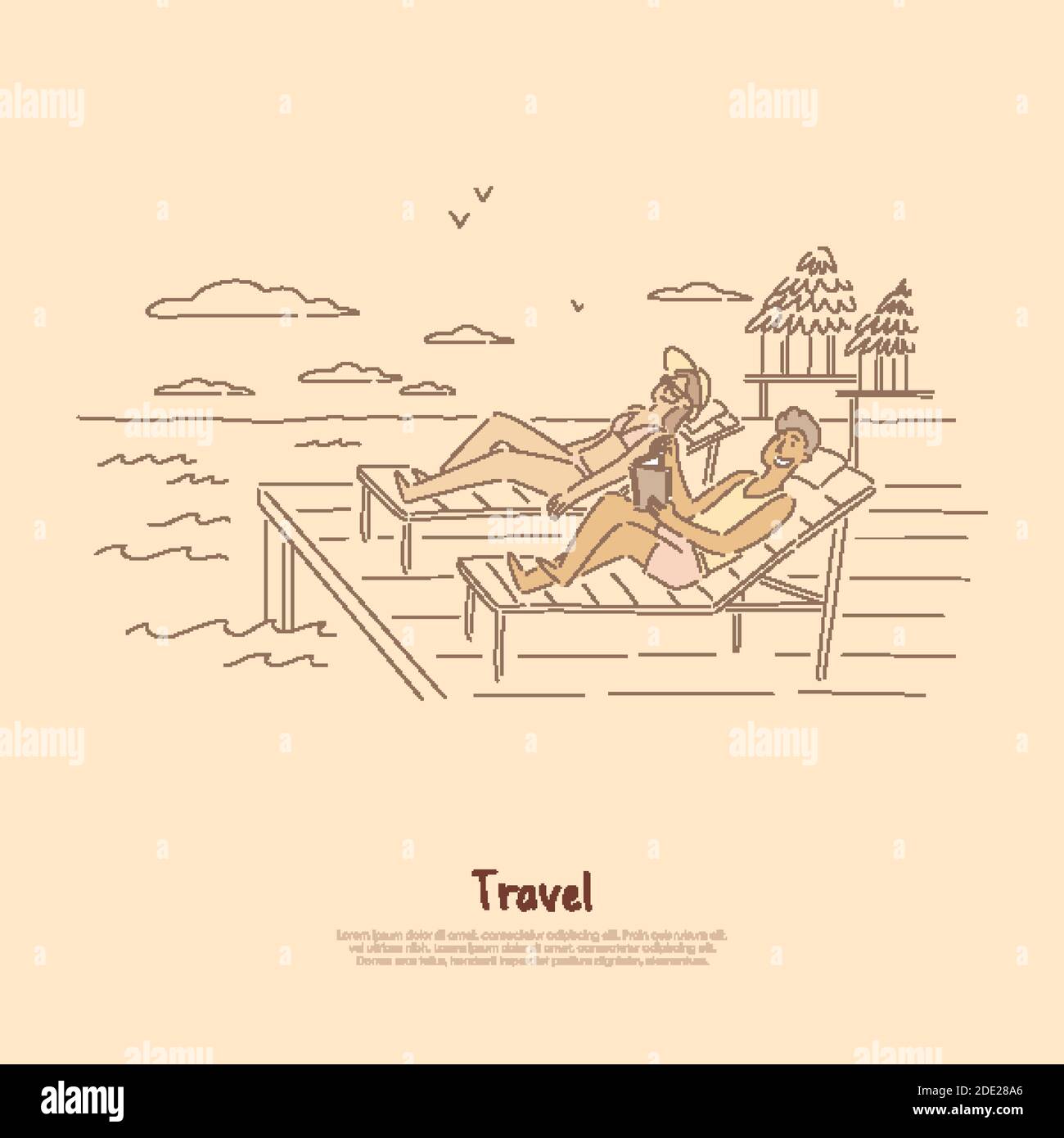 Vector illustration man sunbathing. Hand drawn. Colored outlines Stock ...