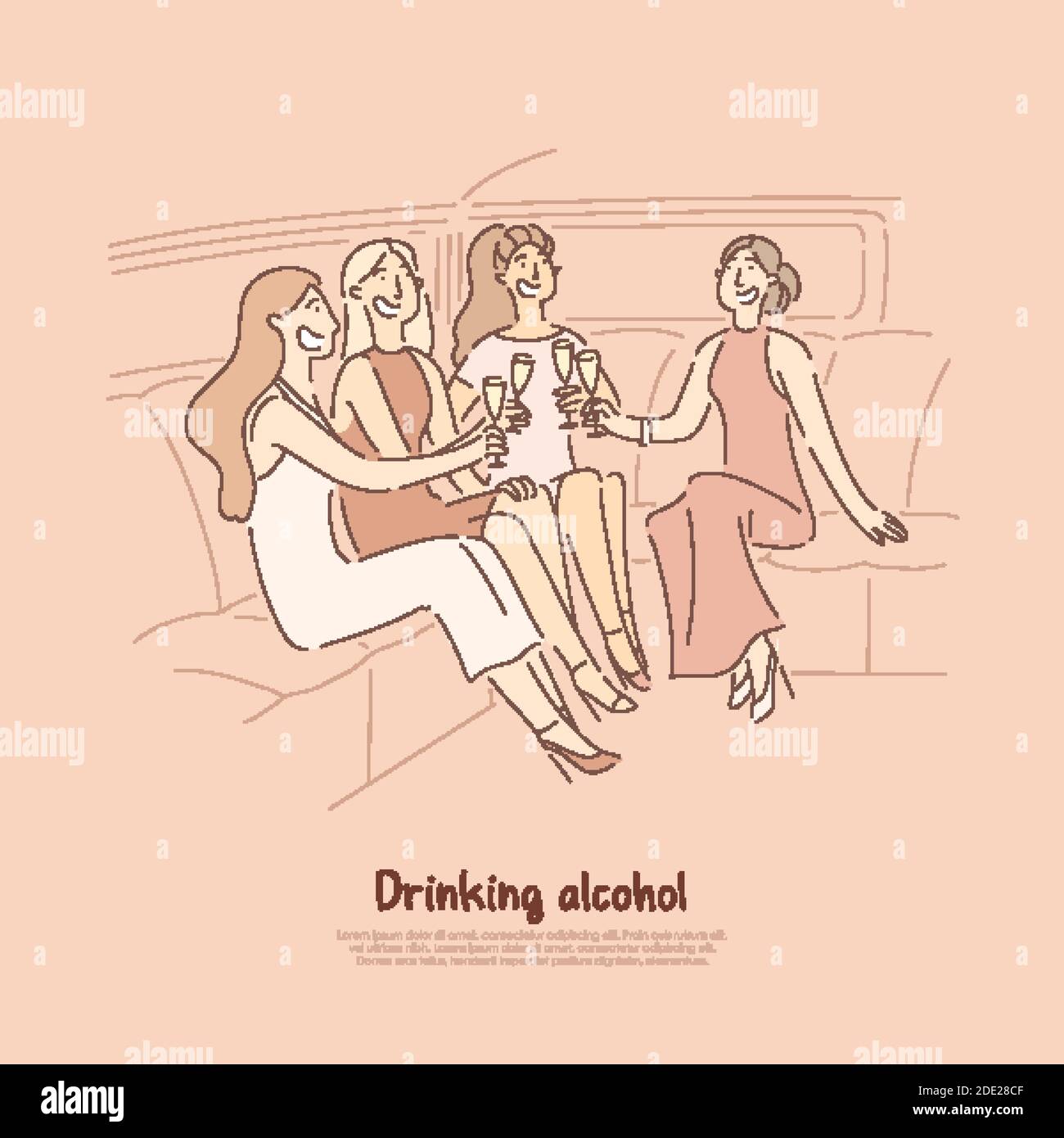 Women sitting in elite car with glasses, celebrating bachelorette party ...