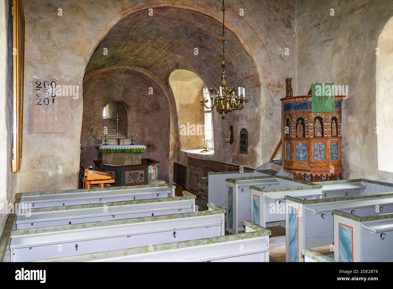 Interior with altar and pulpit in an old church Stock Photo - Alamy