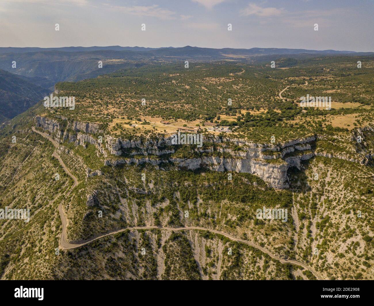 Aerial view of Gorges la Vis Valley cutting through Causse du Larzac in ...
