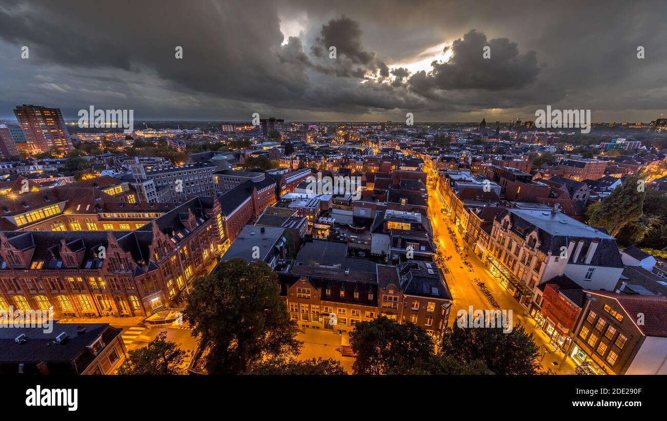 Aerial view of historic town centre of Groningen city at night. The ...