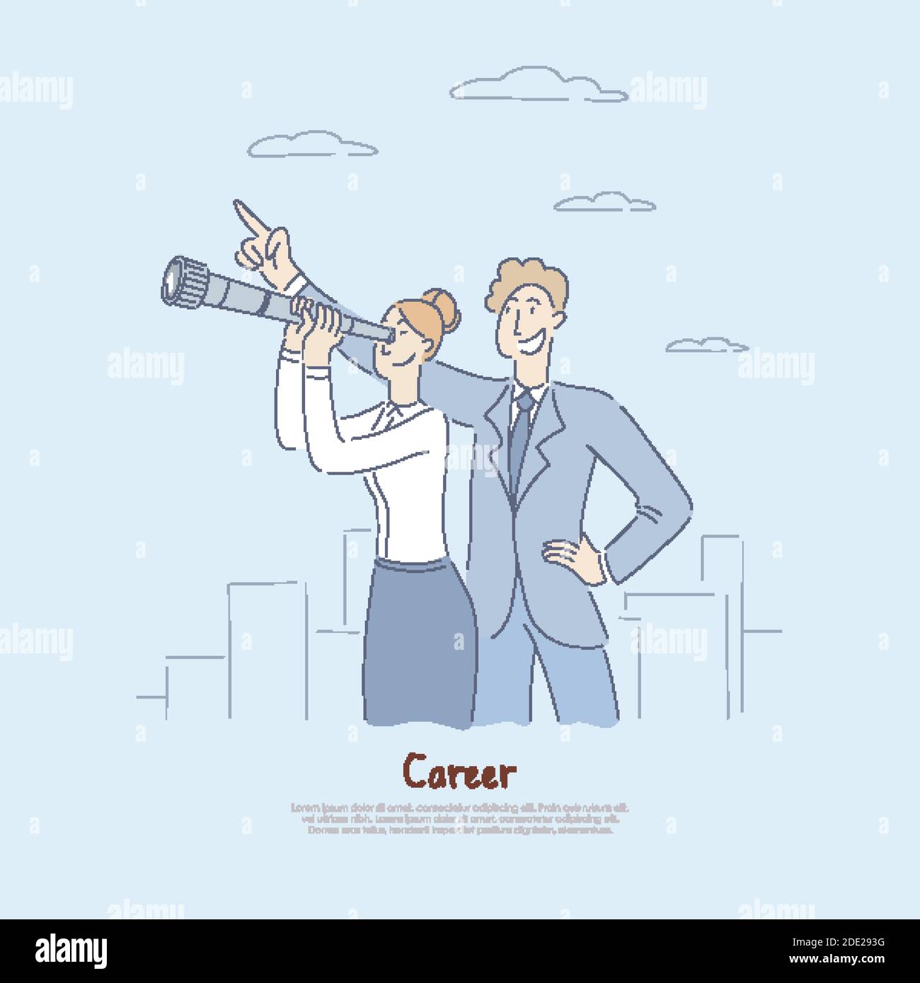 Businessman pointing at sky, businesswoman looking into telescope ...