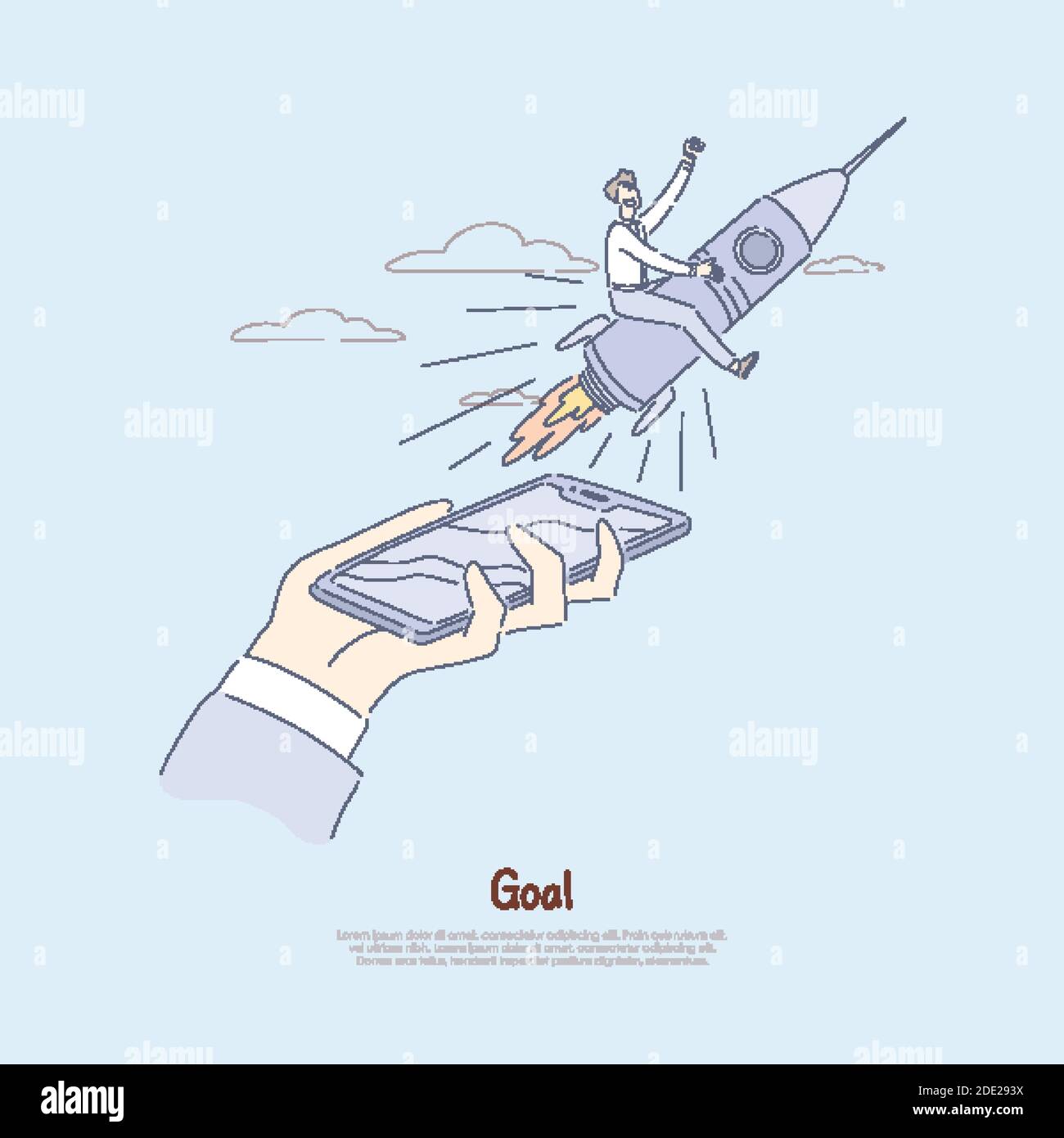 Startup launch, reaching project development, businessman flying on top ...