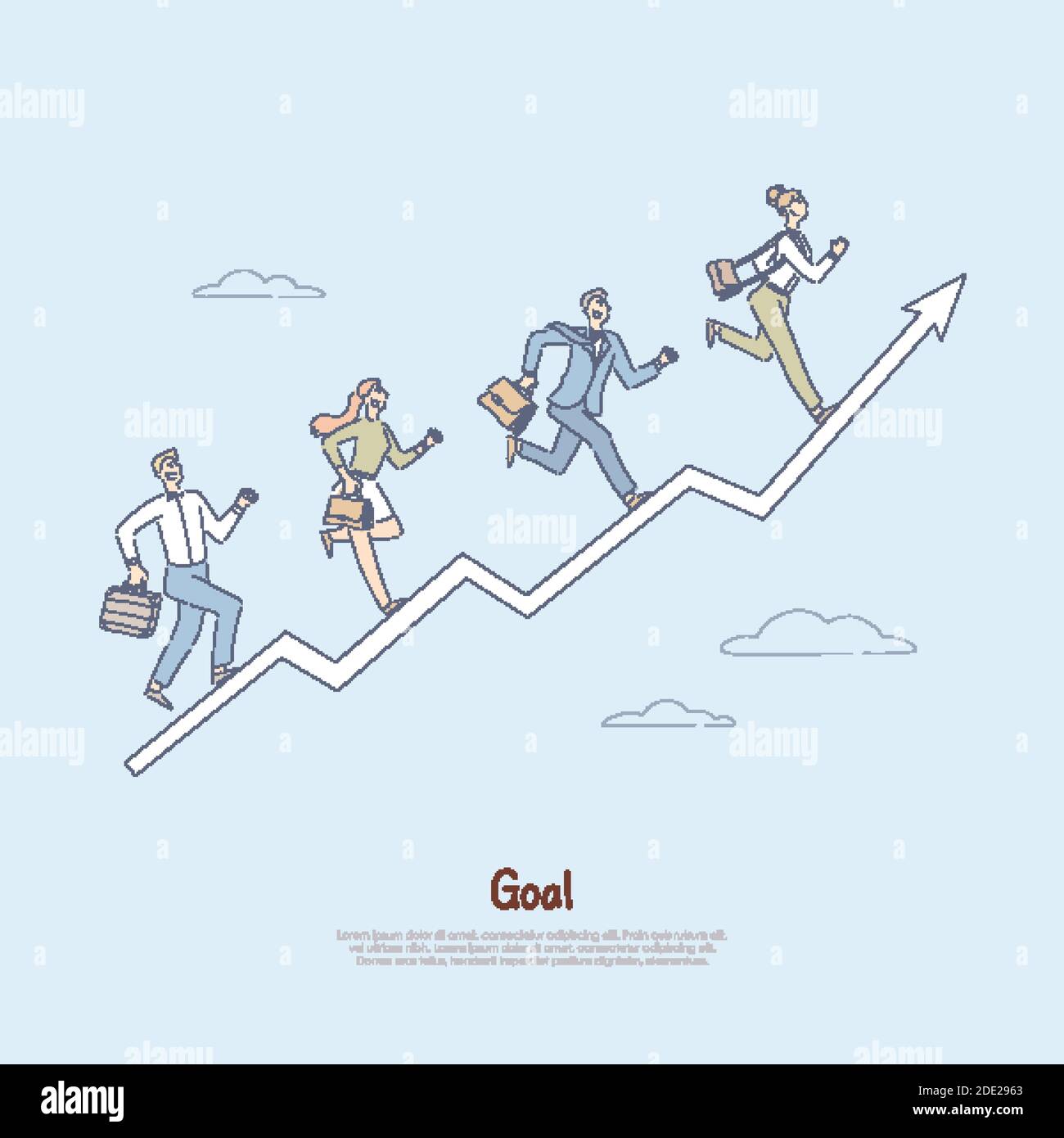 People running up progress arrow, journey towards achieving success, teamwork in workplace, self ...