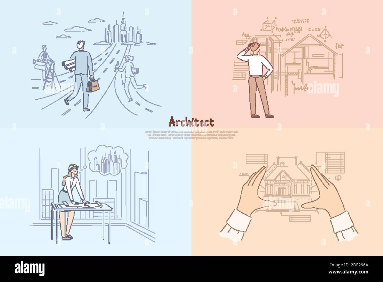 Architect creative work process, man walking towards future town ...