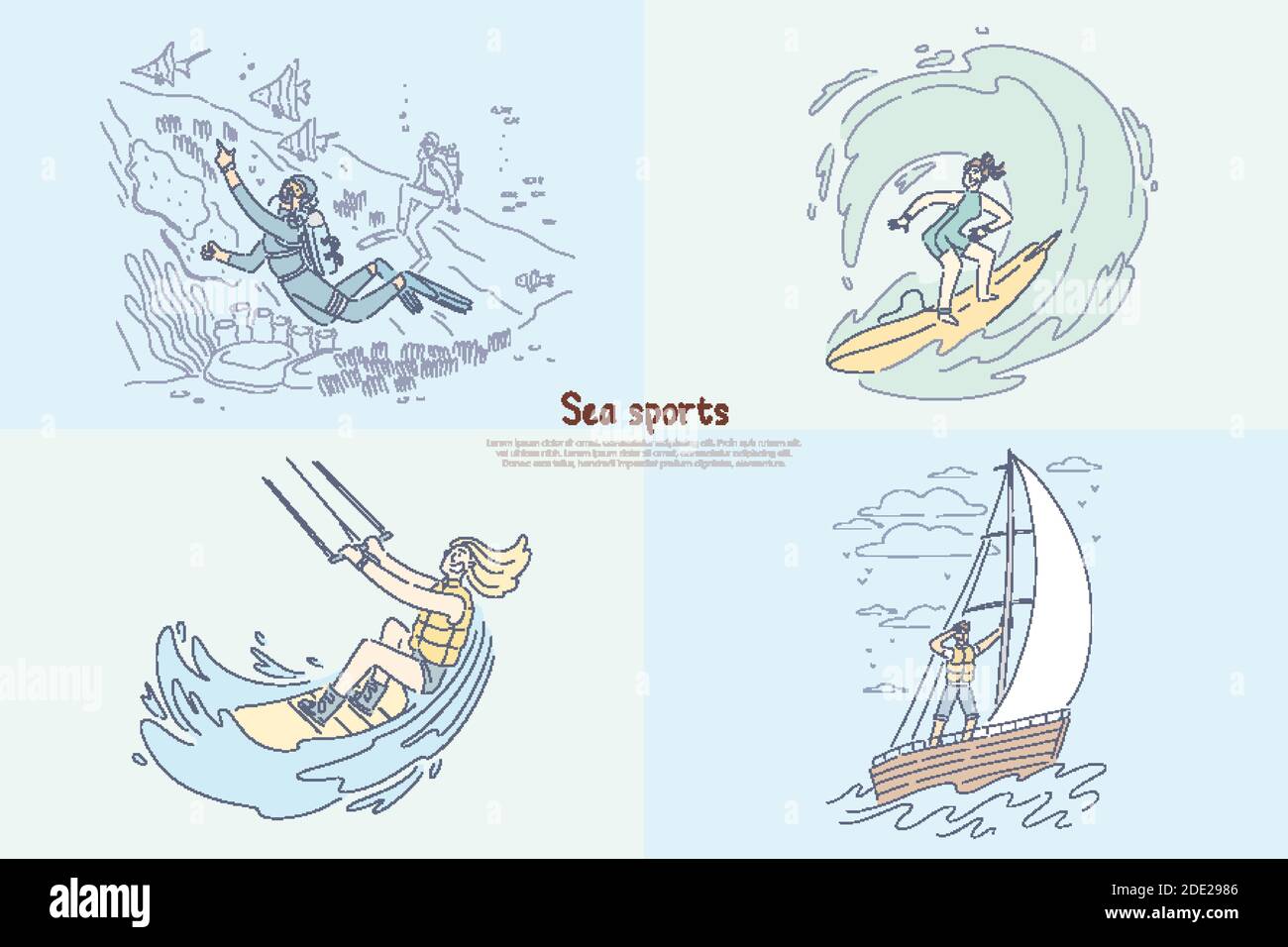 Diver underwater, surfer riding wave, kitesurfing and windsurfing ...