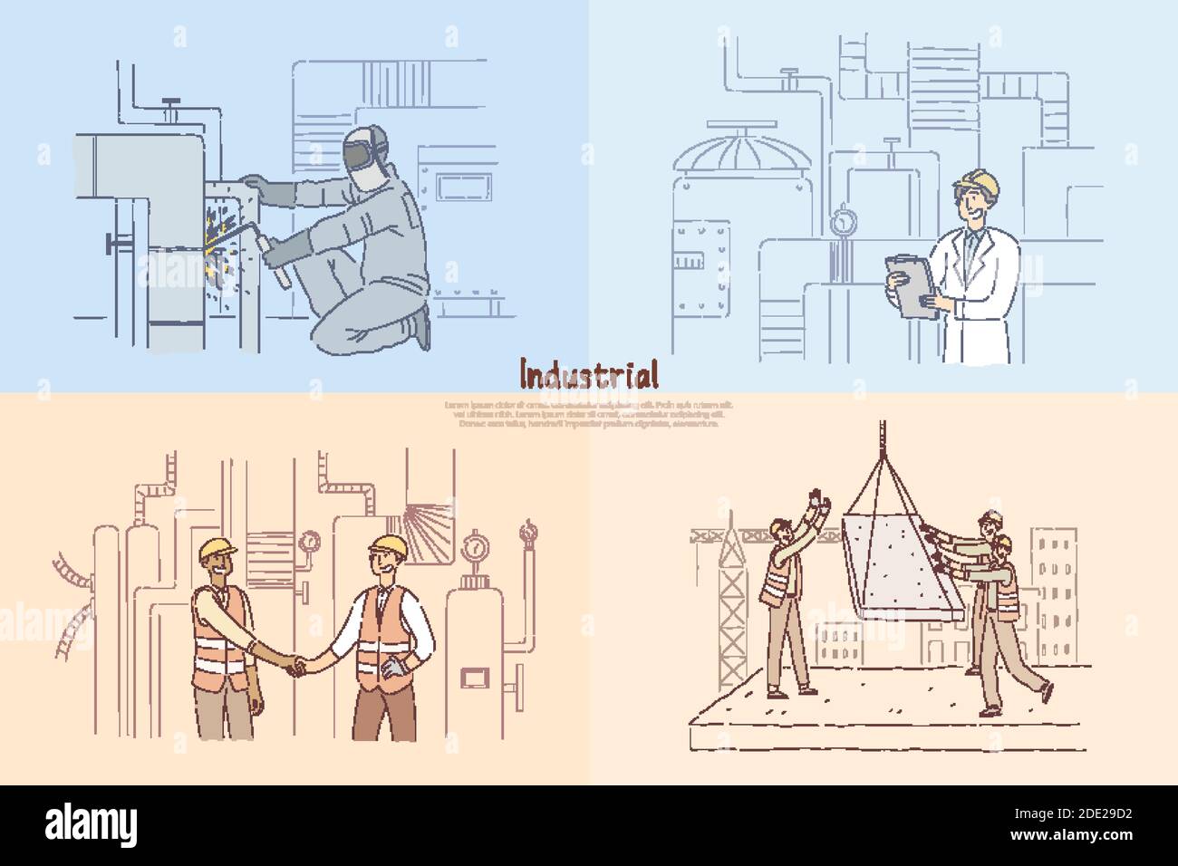 Man welding pipes in factory, constructing engineer checking equipment ...