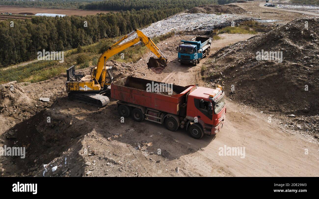 Top view of construction works. Earthmoving at open pit mining. Mineral ...