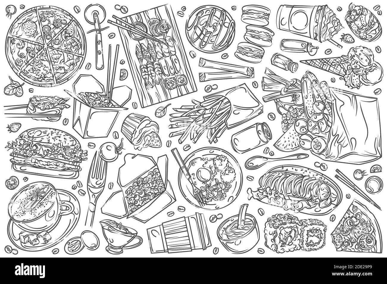 Hand drawn restaurant food, or cafe menu. Pizza, sushi, cup of coffee ...