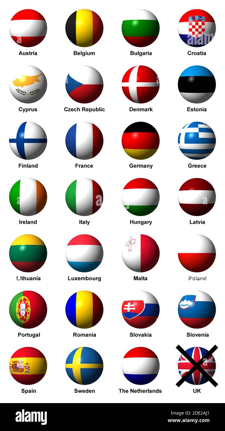 Collage of flags of the 27 EU countries with labels and with UK flag ...