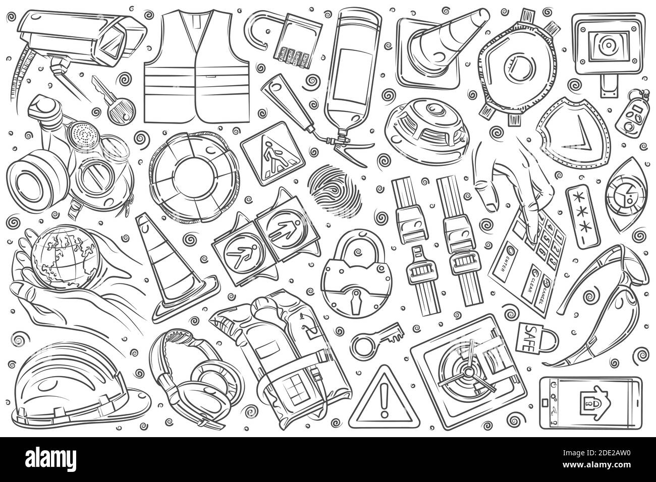 Hand drawn security-related equipment. Protection technologies ...