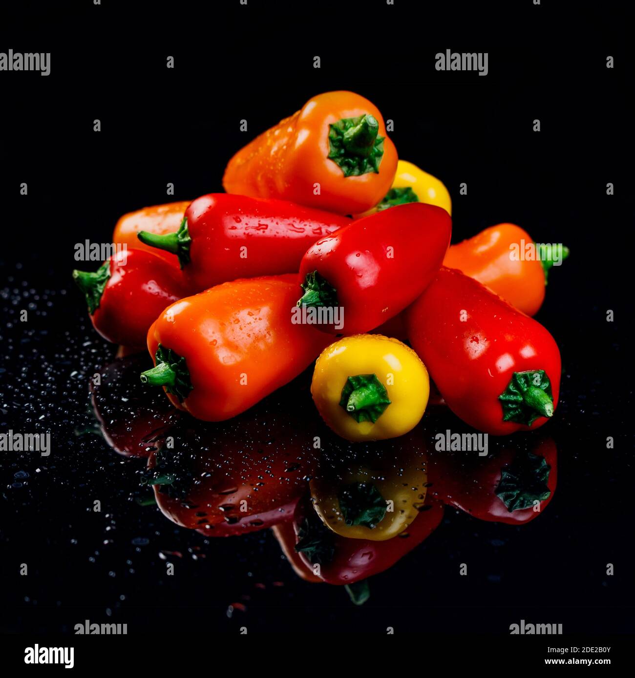 Fresh small bell peppers create a colorful background, a place for ...