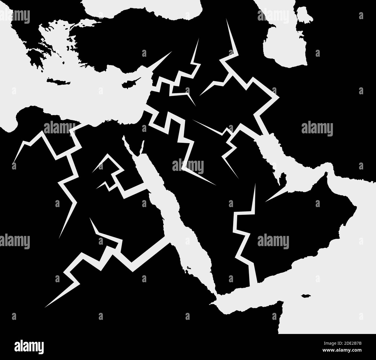 Black and white map of Middle east with cracks - conflict, crisis and ...